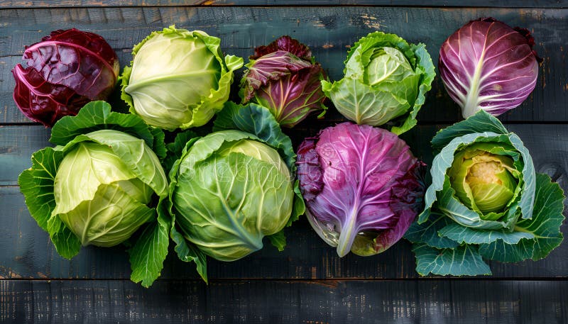 Many Different Types of Fresh Cabbage on Wooden Table Stock Photo ...