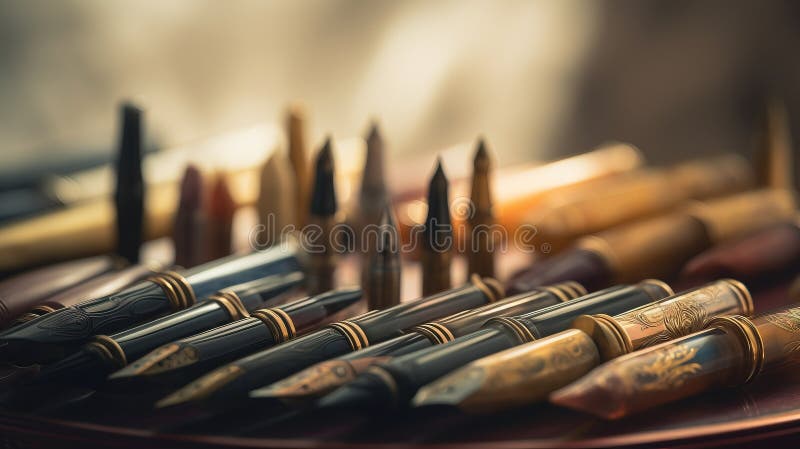 Many Different Types of Pens are Lined Up on a Table with a Blurry ...