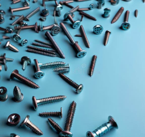 Many Different Types of Screws on a Blue Surface Stock Illustration ...