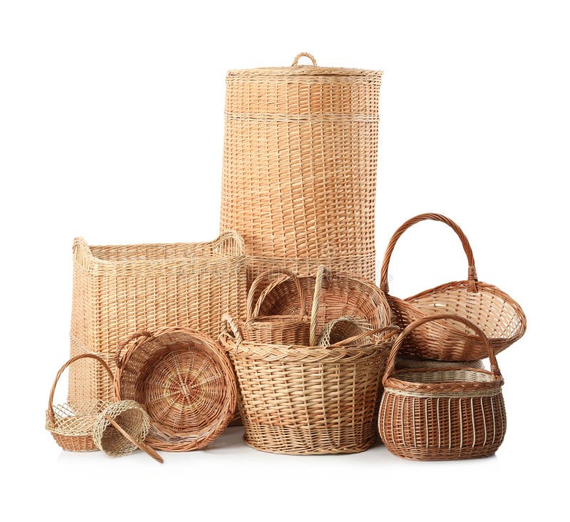 Many Different Wicker Baskets Isolated on White Stock Photo - Image of ...
