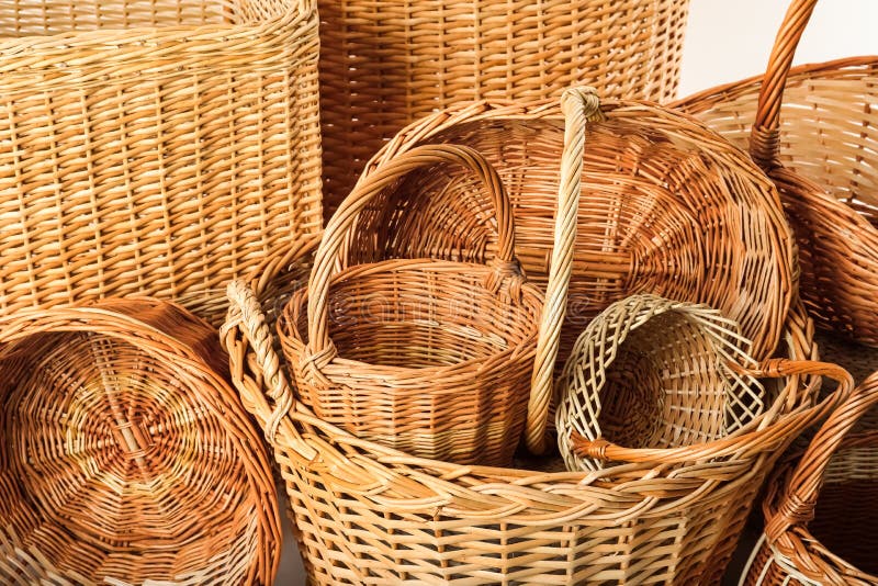 Many Different Wicker Baskets Made of Natural Material As Background ...