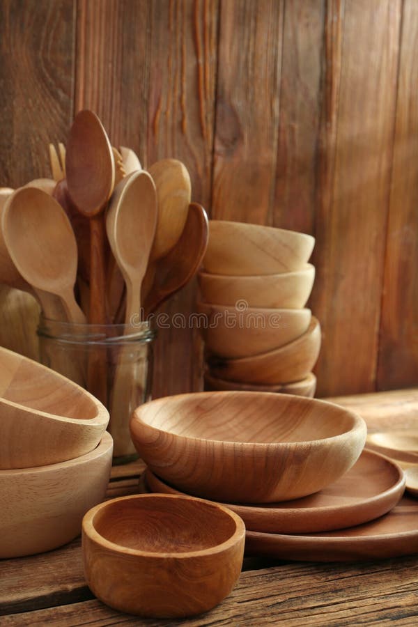 Many Different Wooden Dishware and Utensils on Table Stock Image ...