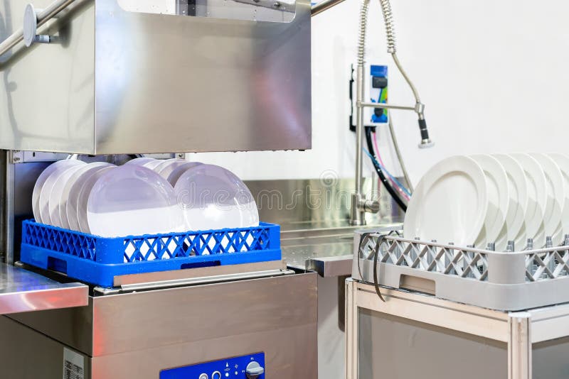 Many Dish or White Plate Arranged on Basket for Cleaning by Automatic ...