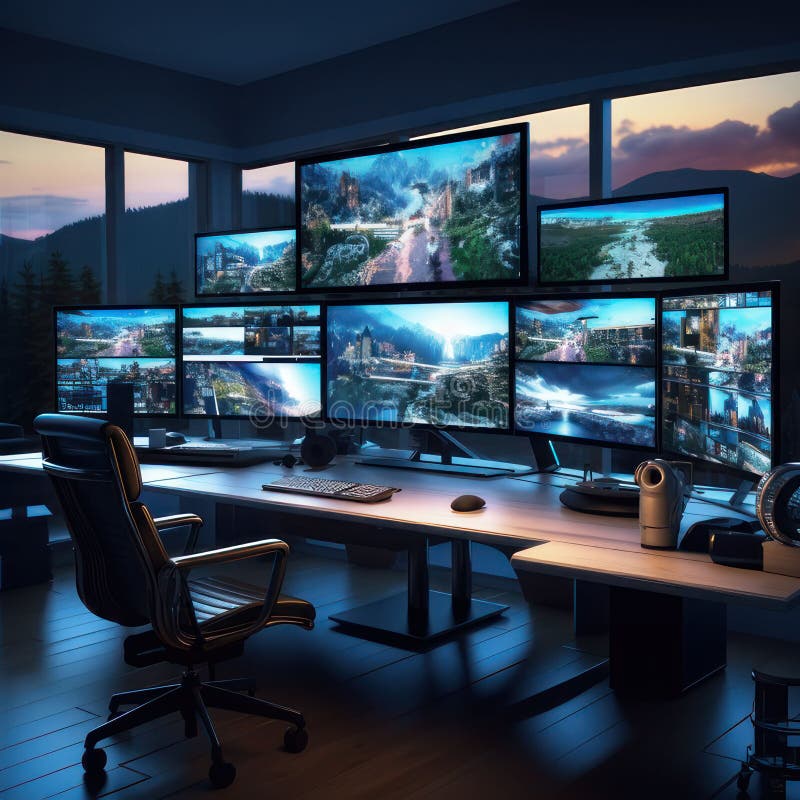 Many Displays on the Table in the Office, Future Technology. AI ...