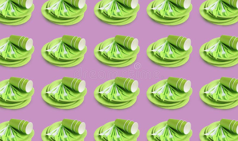 Many Disposable Tableware on Violet Background. Seamless Pattern Design ...