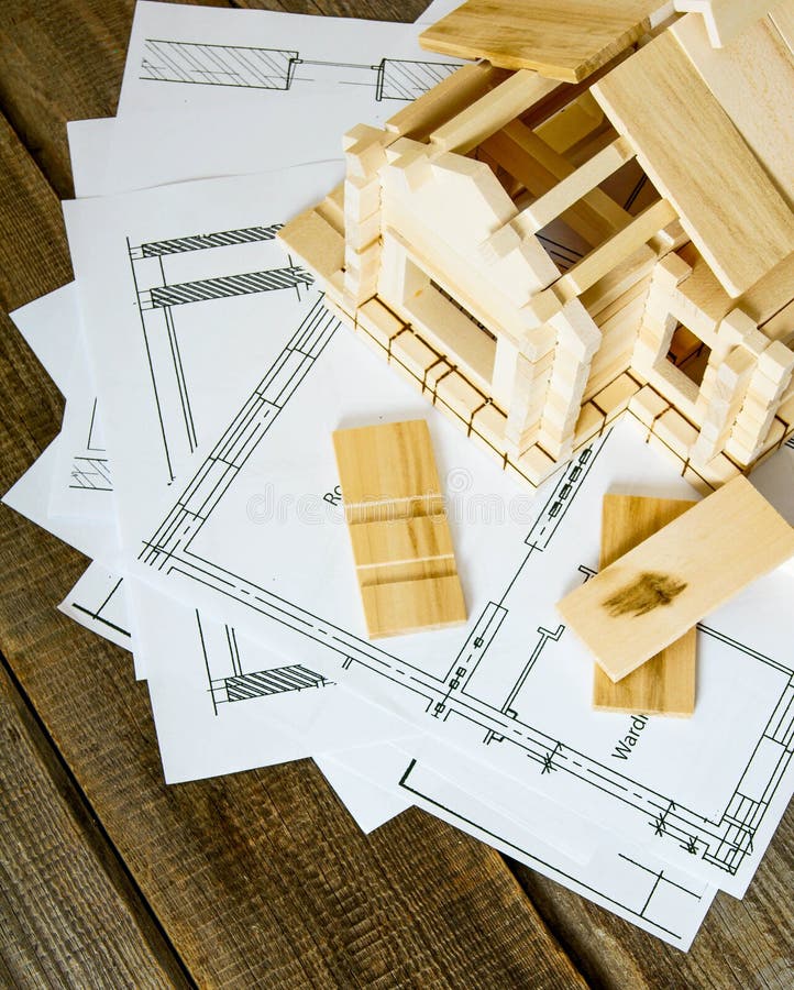 Many Drawings for Building and House on Old Wooden Stock Image - Image ...