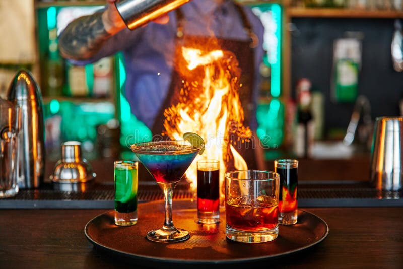 Many Drinks, Burning, Cocktail with Lime, Alcohol , Bar Stock Image ...