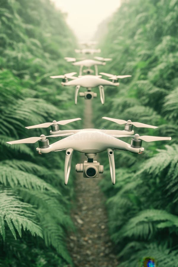 Many Drones Fly Together through a Green Forest. Several Small Flying ...