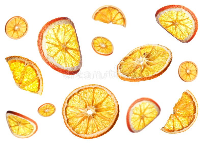 Many Dry Orange Slices Falling on White Background Stock Image - Image ...