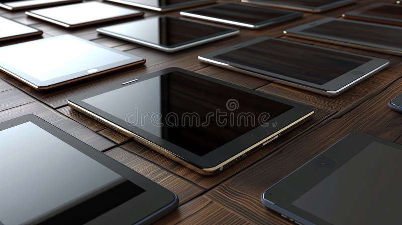 Many Electronic Tablets on a Wooden Table. Horizontal Format Stock ...