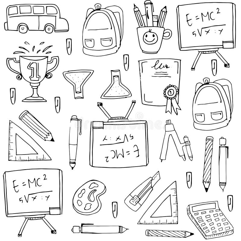 School Doodles Hand Draw Flat Stock Vector - Illustration of cute ...
