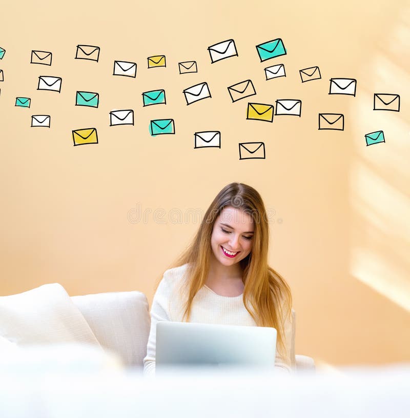 Many Emails with Woman Using Laptop Stock Photo - Image of smile ...