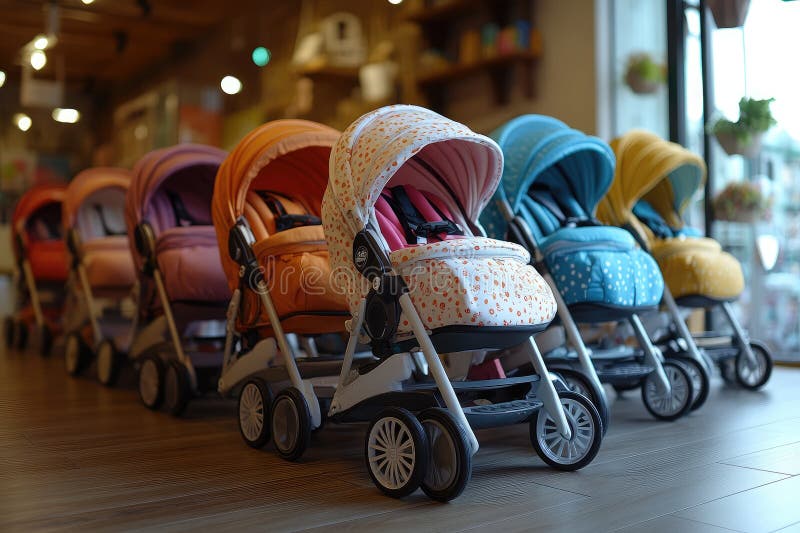 Many Empty Colorful Baby Strollers Standing in Line in Autumn Park ...