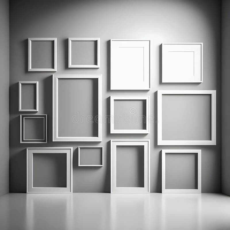Many Empty Frames on a White Wall. Mockup for an Art Gallery Stock ...