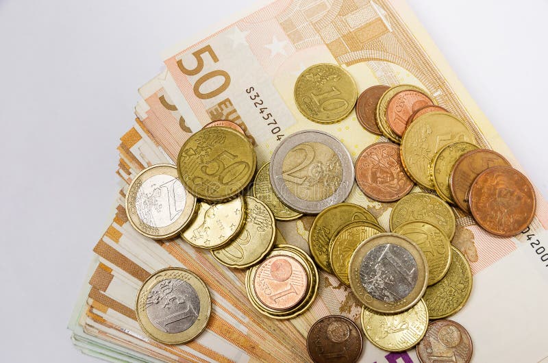 Many Euro Banknotes and Coins. Top View. Stock Image - Image of ...