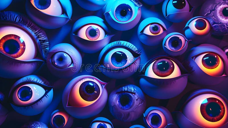 Many Eyes of Different Shapes, Neon Background Stock Illustration ...