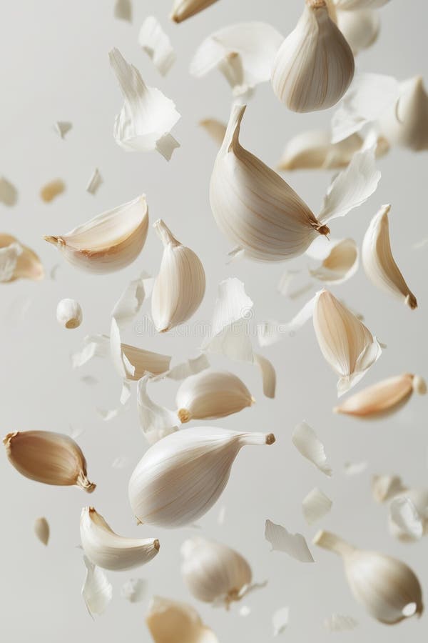 Many Falling Garlic Cloves Isolated on White Background. Flying Garlic ...