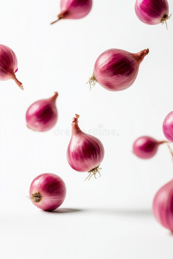 Many Falling Red Onions Isolated on White Background. Onion Flying in ...