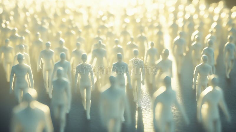 Many Figures Walking in Unison through a Bright, Ethereal Environment ...