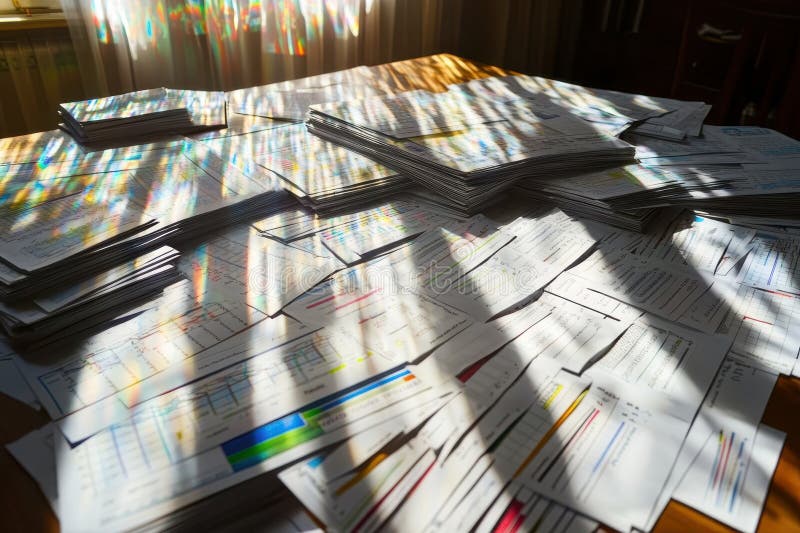 Many Financial Documents Spread on Wooden Table Under Colorful Window ...
