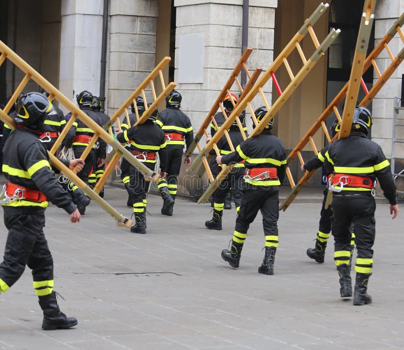 Many Firefighters during Exercise in the Town Square Stock Photo ...