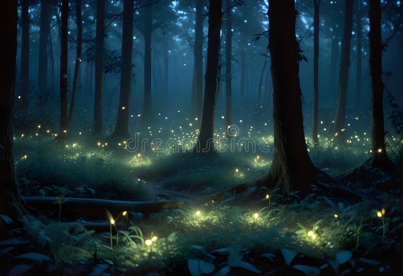 Many Fireflies Scattered Across the Grass in the Dark Forest Stock ...