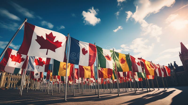 Many Flags of Different Countries Flutter in the Wind Against a Clear ...