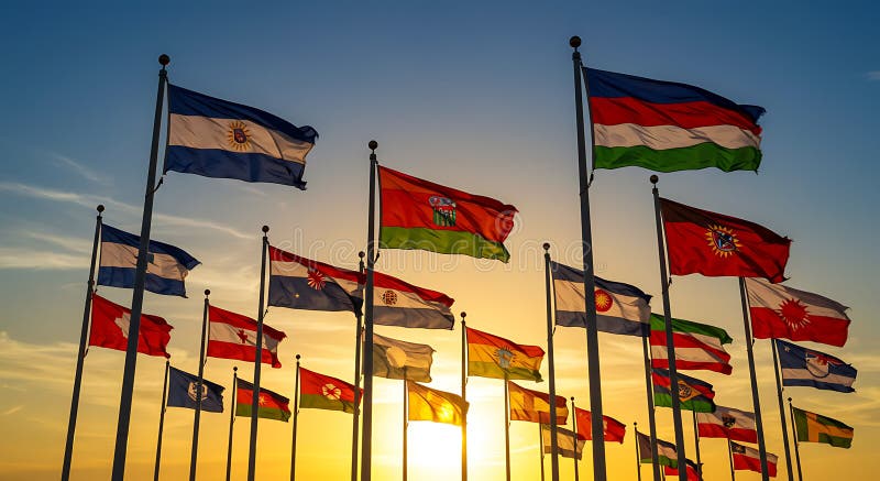Global Unity at Sunset: a Panorama of International Flags Stock ...