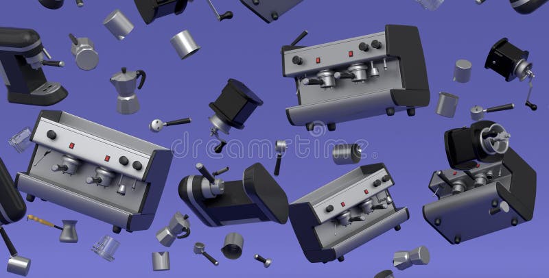 Many of Flying Espresso Machine with Horn, Cups, Geyser Coffee Maker ...