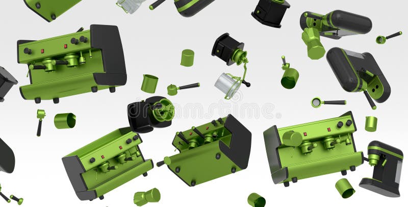 Many of Flying Espresso Machine with Horn, Cups, Geyser Coffee Maker ...