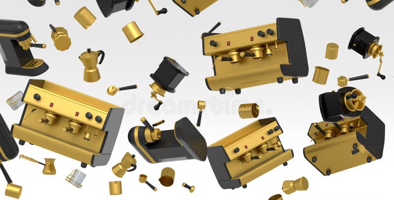 Many of Flying Espresso Machine with Horn, Cups, Geyser Coffee Maker ...