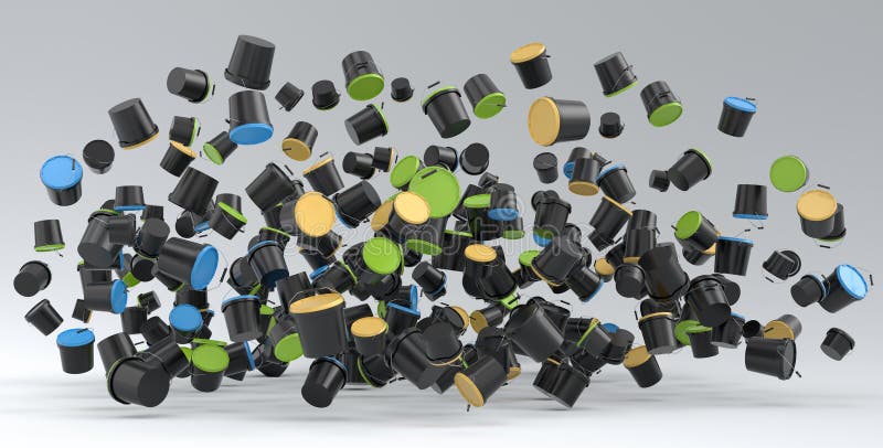 Many of Flying Plastic Cans or Buckets on White Background. Stock ...