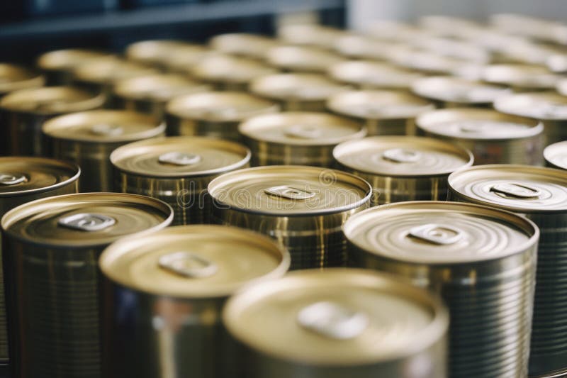 Many Food Cans are Organized in a Row in Food Processing Plant Stock ...