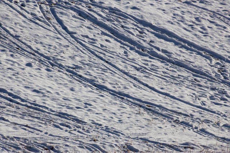 Many Footprints, Ski and Sled Tracks on a Slope in the Snow Stock Photo ...