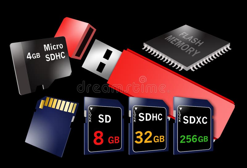Many Forms of Flash Memory are Seen Here. Stock Illustration ...
