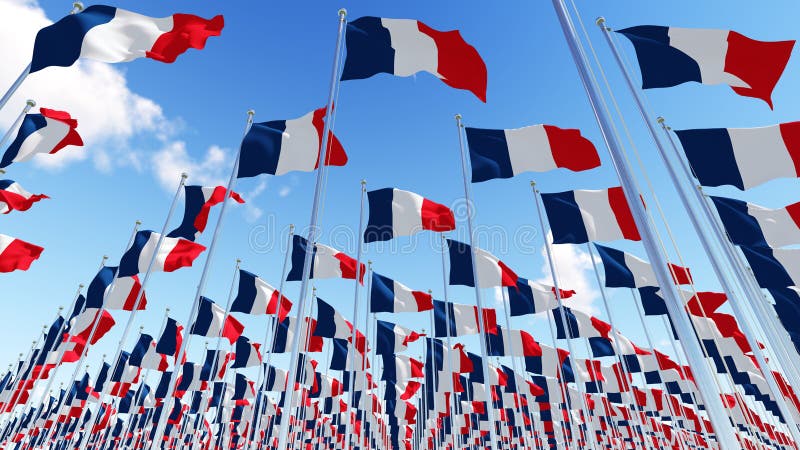 Many France Flags Flying Against Clean Sky. Stock Illustration ...
