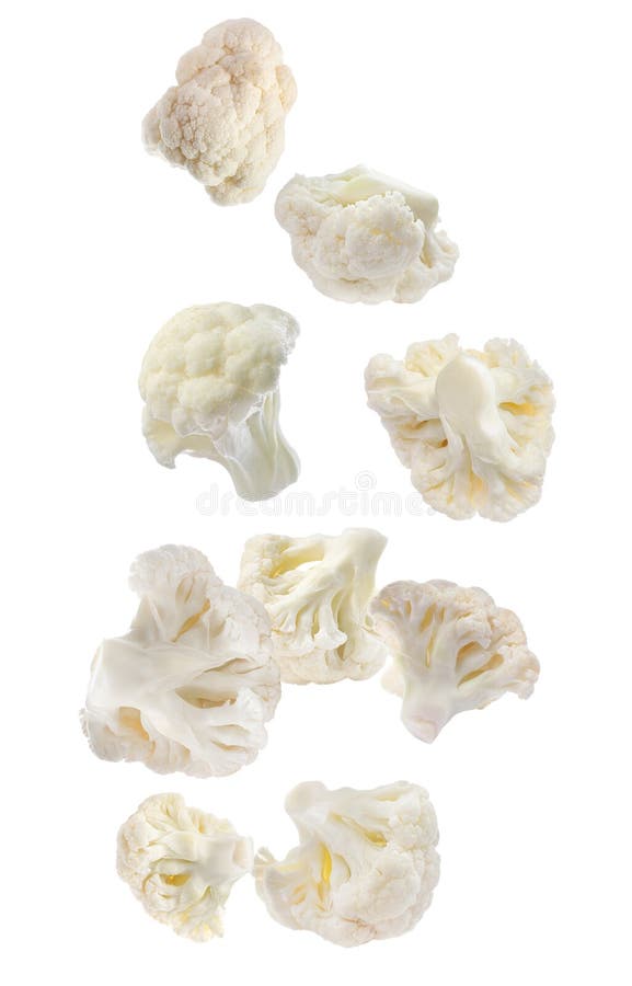Many Fresh Cauliflower Florets Falling on White Background Stock Photo ...