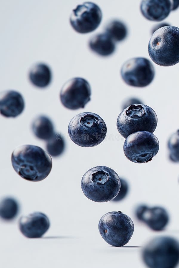 Many Fresh Falling Blueberries Isolated on White Background. Selective ...