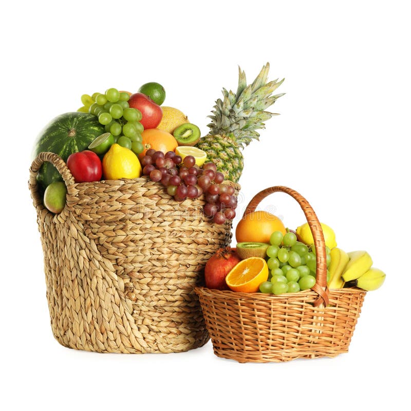 Many Fresh Ripe Fruits in Baskets Isolated on White Stock Image - Image ...