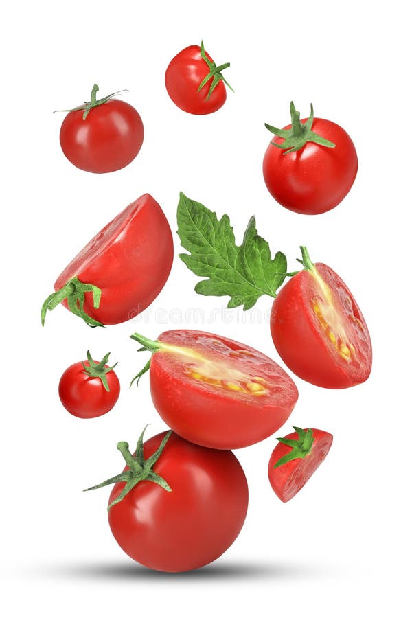 Many Fresh Ripe Tomatoes Falling on White Background Stock Image ...