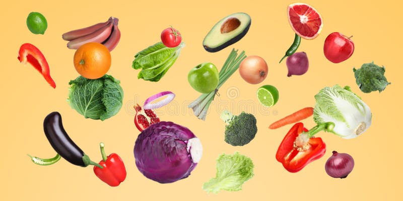 Many Fresh Vegetables and Fruits Falling on Gold Background Stock Image ...