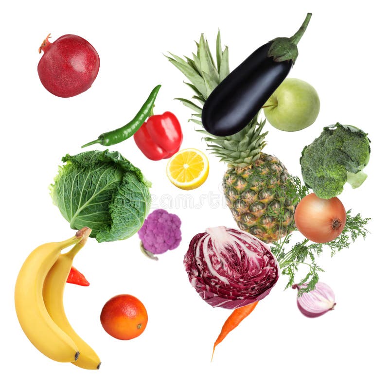 Many Fresh Vegetables and Fruits Falling on White Background Stock ...