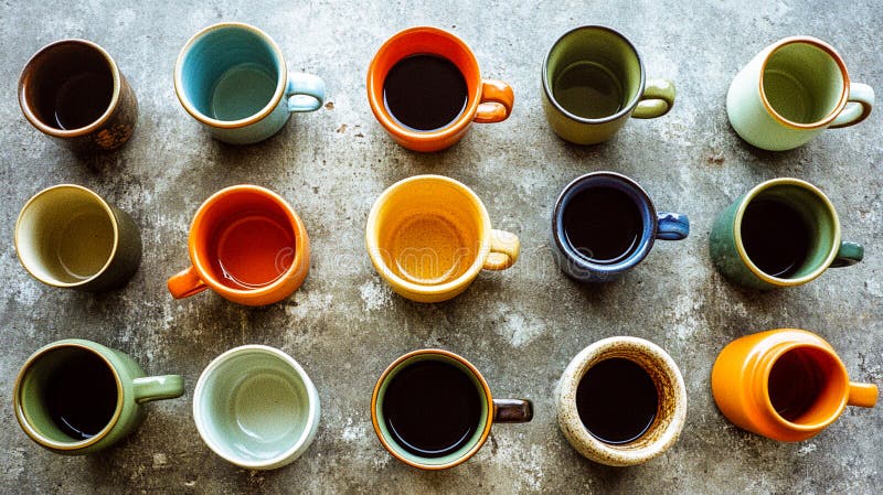 Many Full and Empty Colourful Cups on Concrete Table Top View. Coffee ...