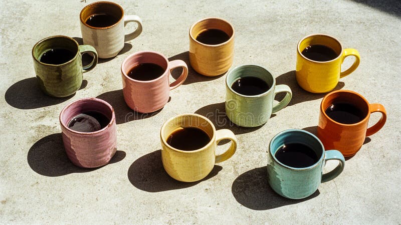 Many Full and Empty Colourful Cups on Concrete Table Top View. Coffee ...