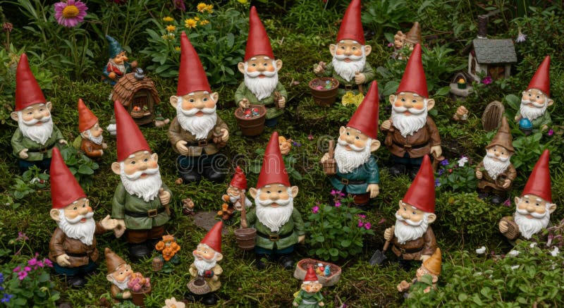 Many Garden Gnomes in a Lush Floral Setting Stock Image - Image of folk ...