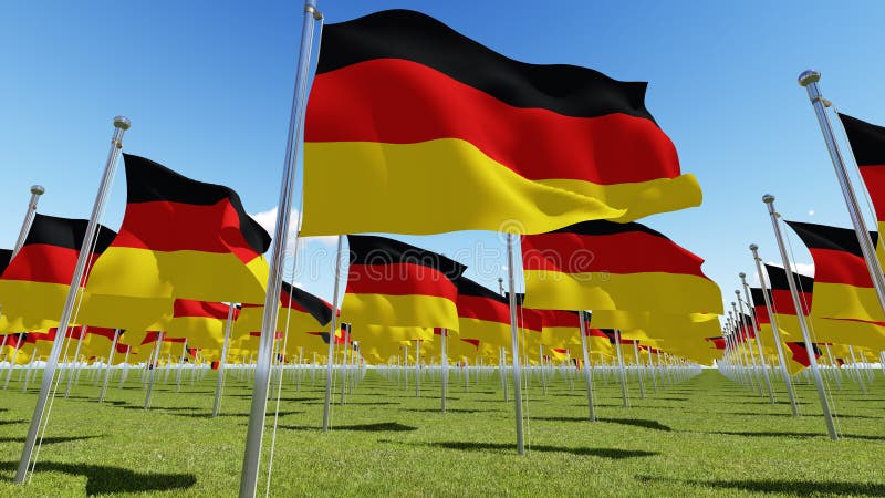 Many German Flags Blowing in the Wind in Green Field. Stock ...