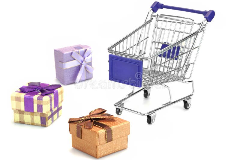 Many Gift Box and Empty Shopping Cart Isolated on White Stock Image ...
