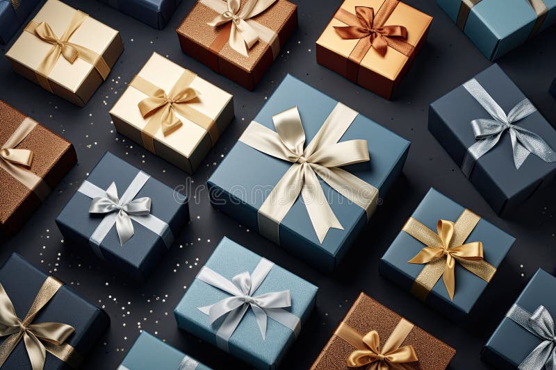 Many Gift Boxes with Bows on Dark Table. Top View, Flat Lay Stock ...