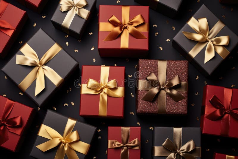 Many Gift Boxes with Bows on Dark Table. Top View, Flat Lay Stock Photo ...