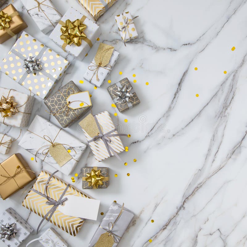 Many Gift Boxes with Labels Numbers Wrapped in Glossy Classical Pack ...